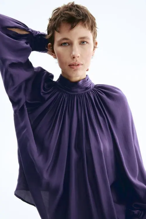 トップス theredthread S strap balloon blouse H&M Draped Stand Collar Balloon Sleeve Blouse - Dark Purple